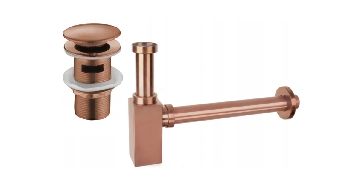 Mexen sifon pătrat pentru chiuvetă cu dop click-clac și preaplin, Roz-auriu - 7992060-60